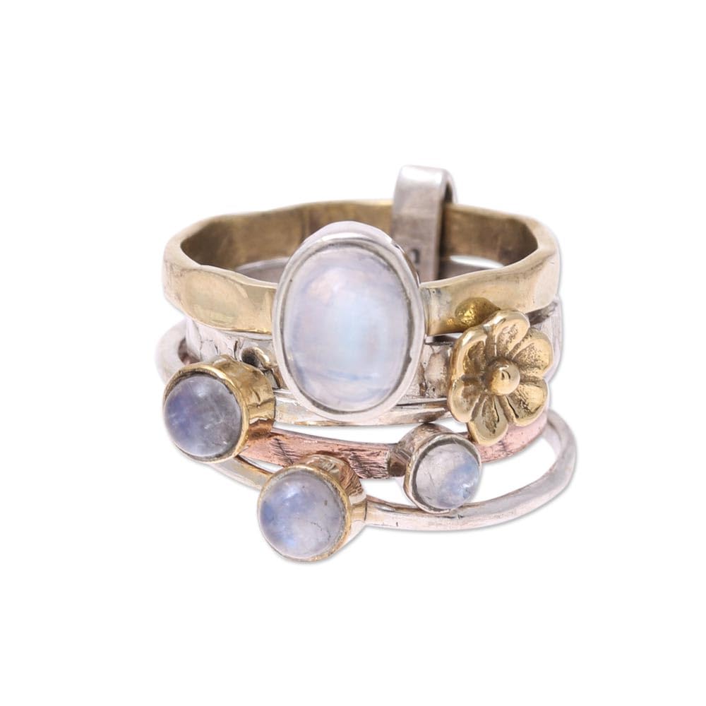 NOVICA Artisan Handmade Rainbow Moonstone Cocktail Ring Mixed Metals Floral from India Copper Sterling Silver Brass Clear Multi Gemstone [ring Front 0.8 in L x 0.8 in W x 0.3 in H Band Width 10 mm W]