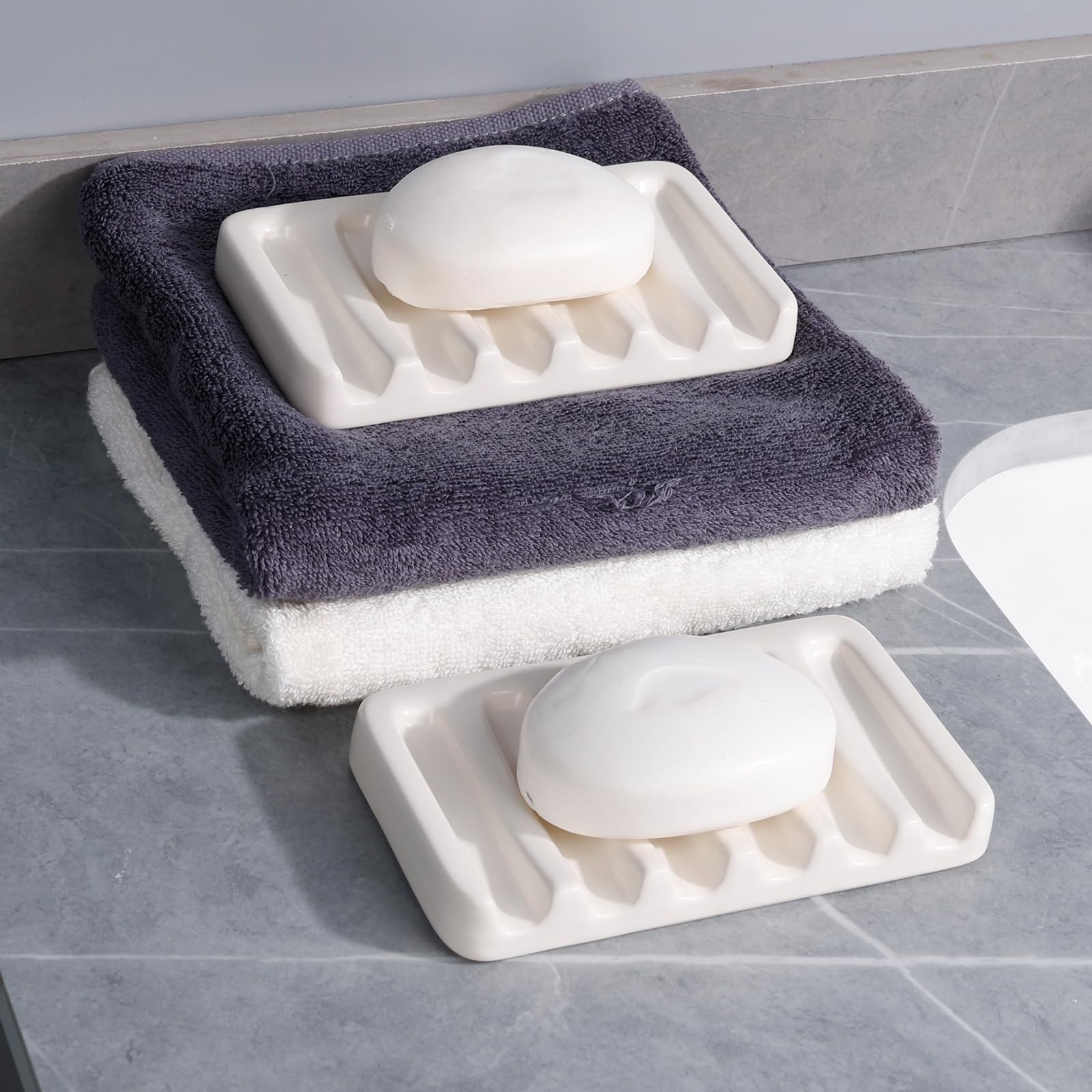 Soap Dish, Ceramic Self Draining Soap Holder, Beige Bar Soap Holder for Shower, Soap Dishes for Bathroom, Easy to Clean Keeps Soap Dry, ANTIS'S HOME