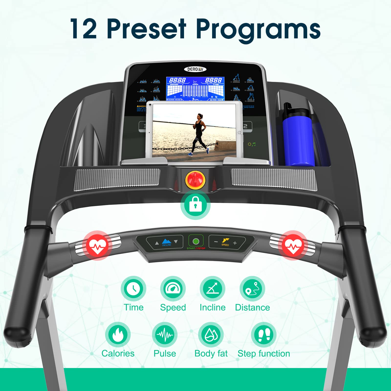Treadmill with Auto Incline 300+ lb Capacity,DEROFIT Home Use Treadmill with Shock Absorbing Folding Running Machine for Home Gym,51βx17β Running Deck,12 Preset Programs,3.25 HP Electric Treadmill