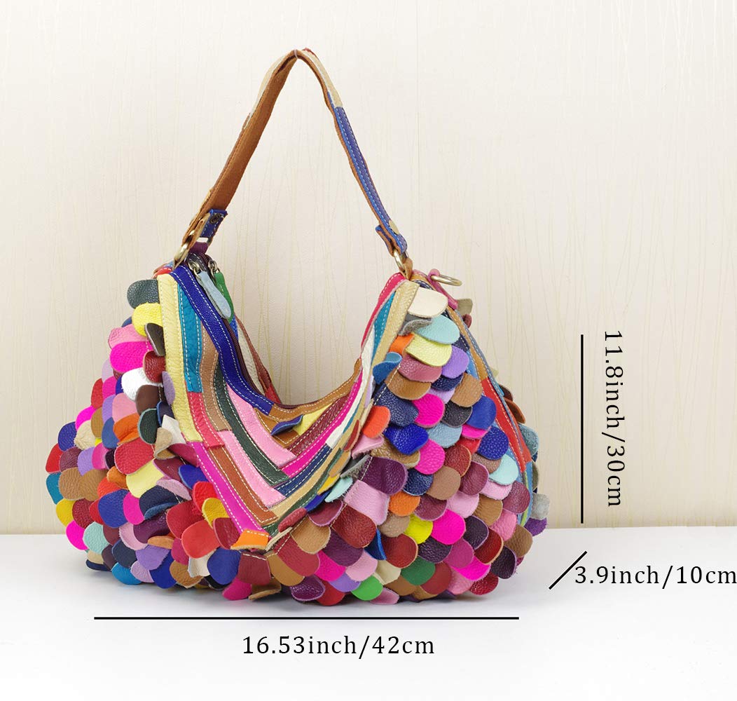 Segater® Women’s Full Sheepskin Tobo Bag Multicolour Patchwork Shoulder Bag 3D Leaf Stripe Pattern Colorful Tassel Handbag Purses Multicoloured