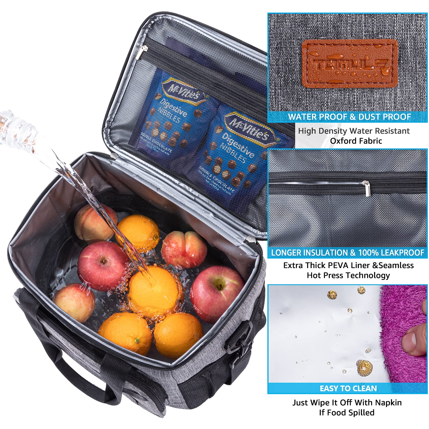 TOMULE Insulated Lunch Bag for Men Women - 3+years old (15L, Grey)