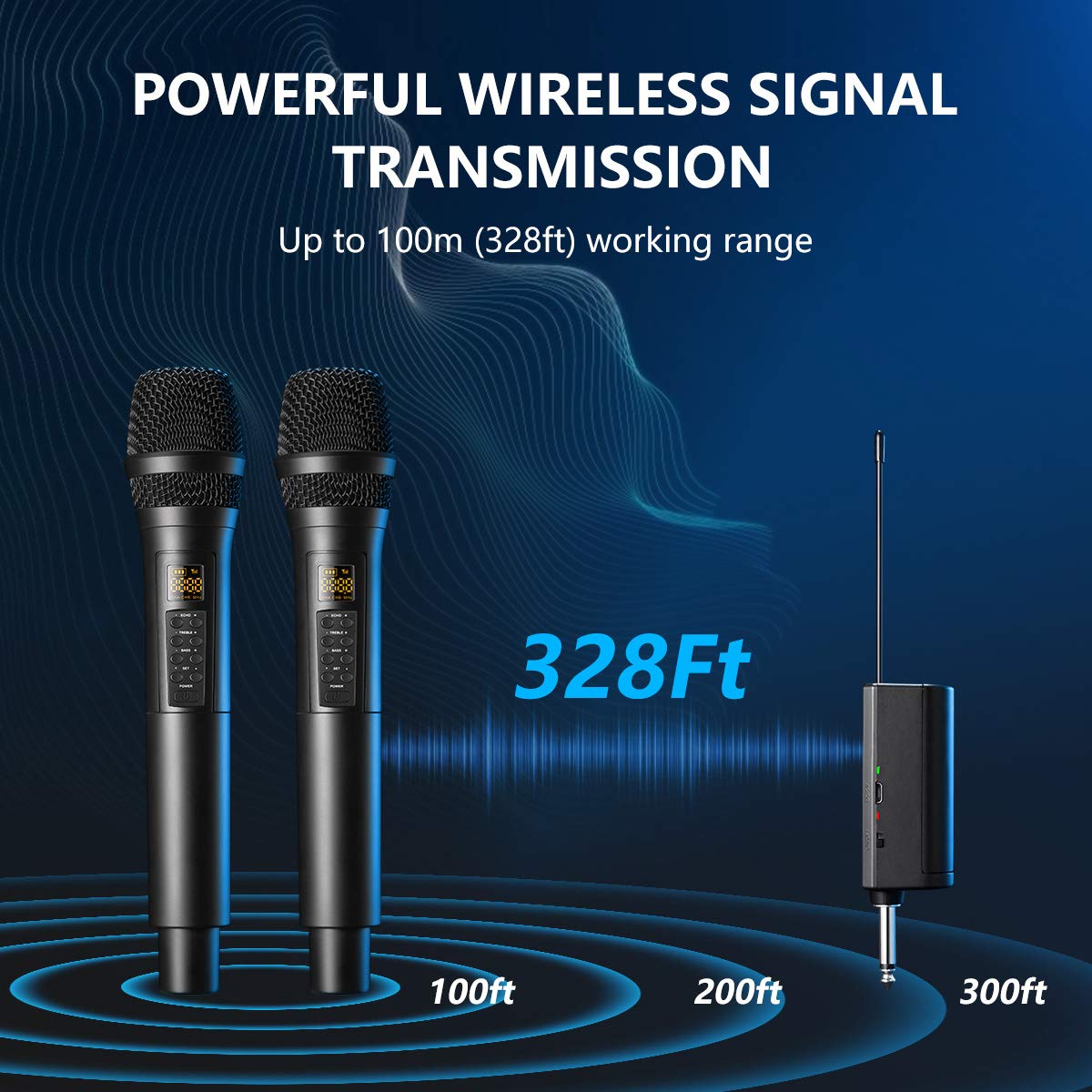 Wireless Microphone, Dual Professional UHF Cordless Dynamic Mic Handheld Microphone System with Echo/Treble/Bass, Receiver 30 Adjustable Channels, 328ft Long Range for Amplifier, DJ, Party etc.