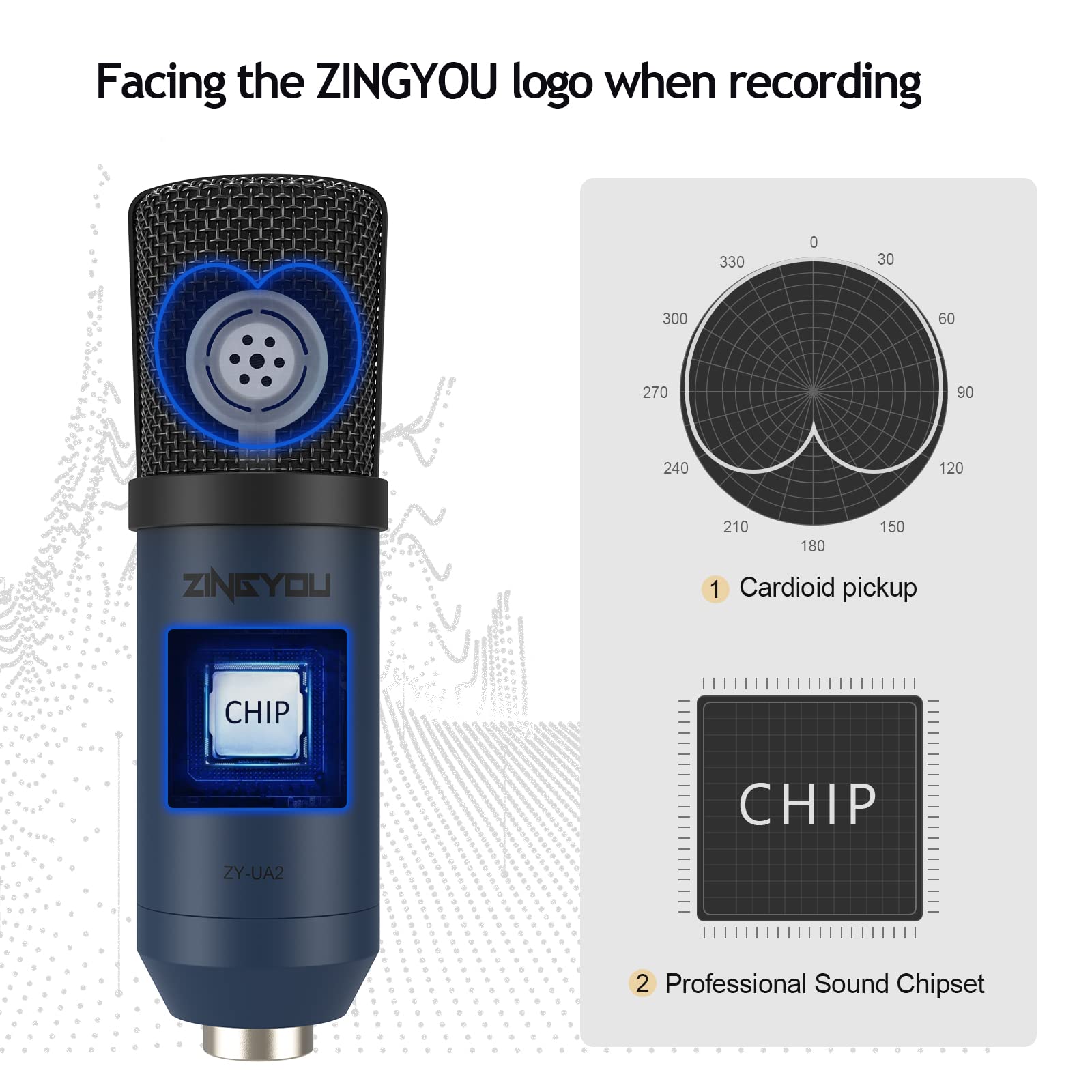 ZINGYOU USB Condenser Microphone, 96KHz/24Bit Cardioid Computer Mic Kit for PC Recording, Gaming, Podcasting, Live Streaming, Voice Over, YouTube, Twitch,with Upgraded Boom Arm, ZY-UA2 (Blue)