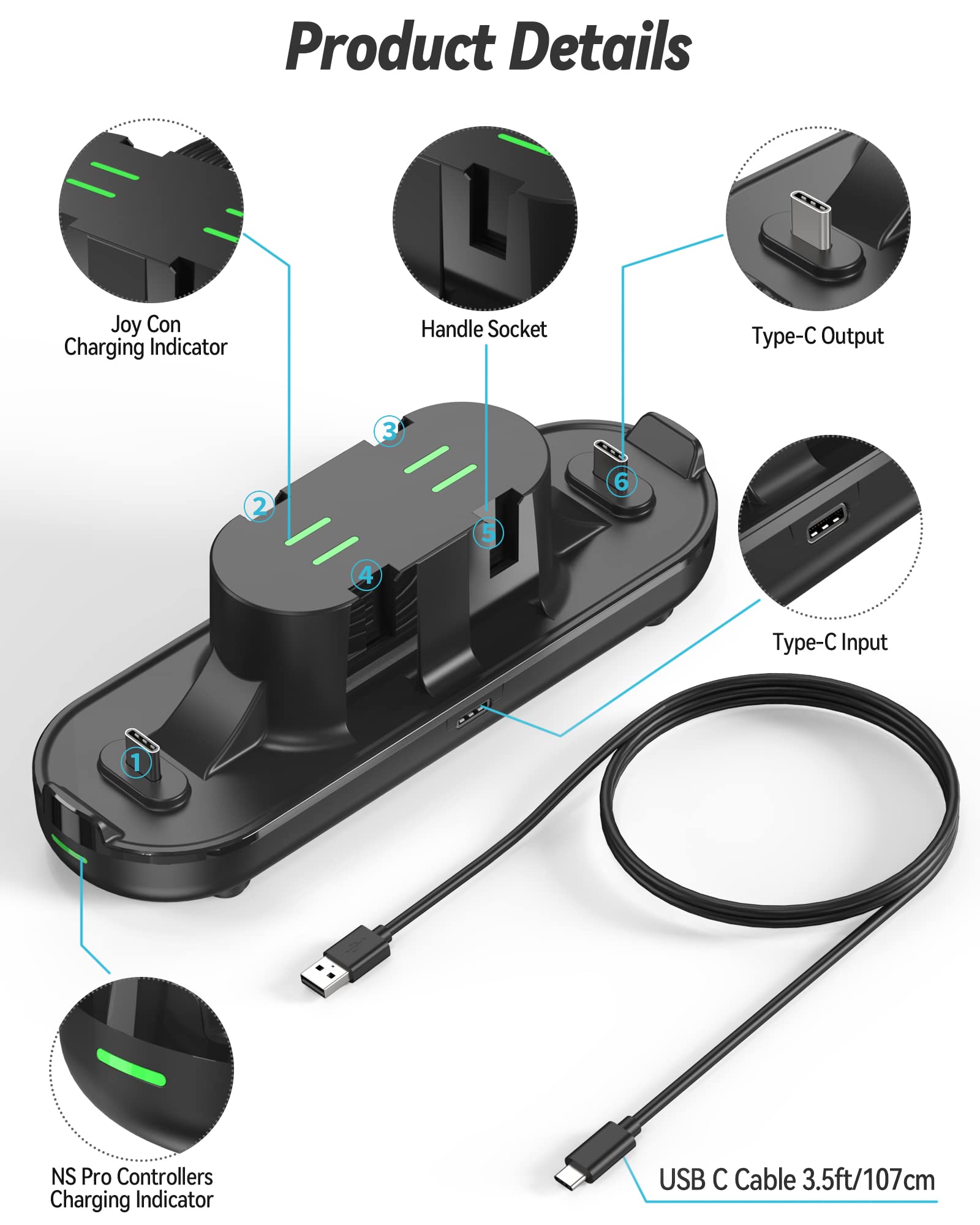 Willkac Switch Charging Dock Controller Charger, 6 in 1 Charging Station Support 4 Joy Cons and 2 NS Pro/PS5/Xbox One/Xbox Series Controllers, with Type C Charging Cable to Get Fast Charging