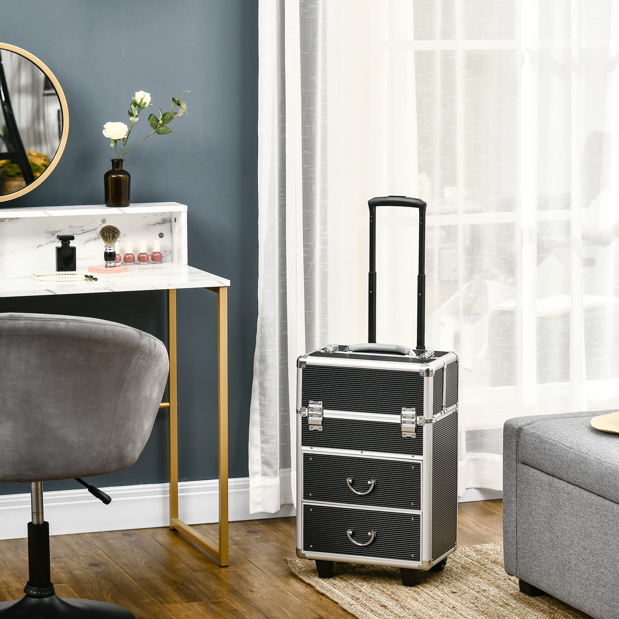 Professional Rolling Full Makeup Travel Train Case, Large Storage Cosmetic Trolley with Folding Trays, Drawer and Locks, Silver