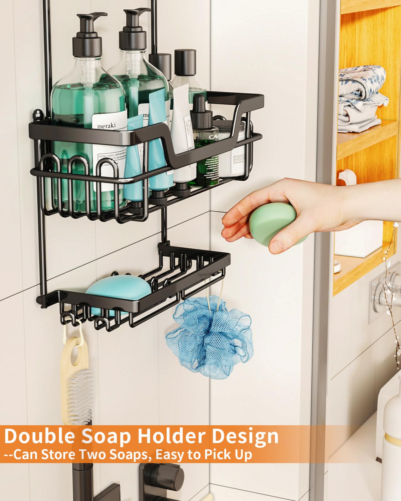 SWTYMIKI 3 Tier Rustproof Hanging Shower Caddy with 16 Hooks & Dual Soap Holder, Large Capacity Over Shower Organizer for Bathroom Shower Room, Black