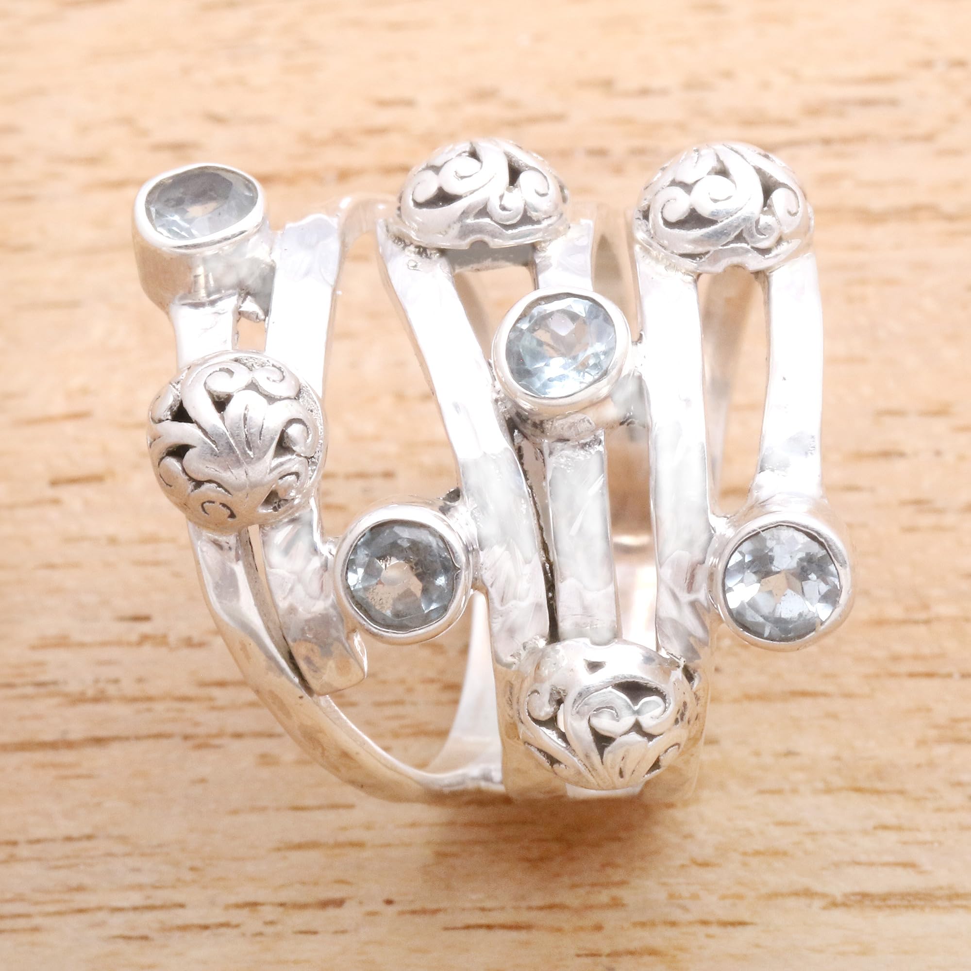 NOVICA Artisan Handmade Blue Topaz Cocktail Ring .925 Sterling Silver from Bali Indonesia Birthstone Gemstone 'Exuberant Beauty'