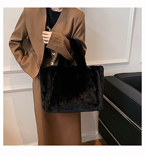 Women Fluffy Shoulder Bag Plush Handbag Wallet Tote Bag for Autumn and Winter (Large black)
