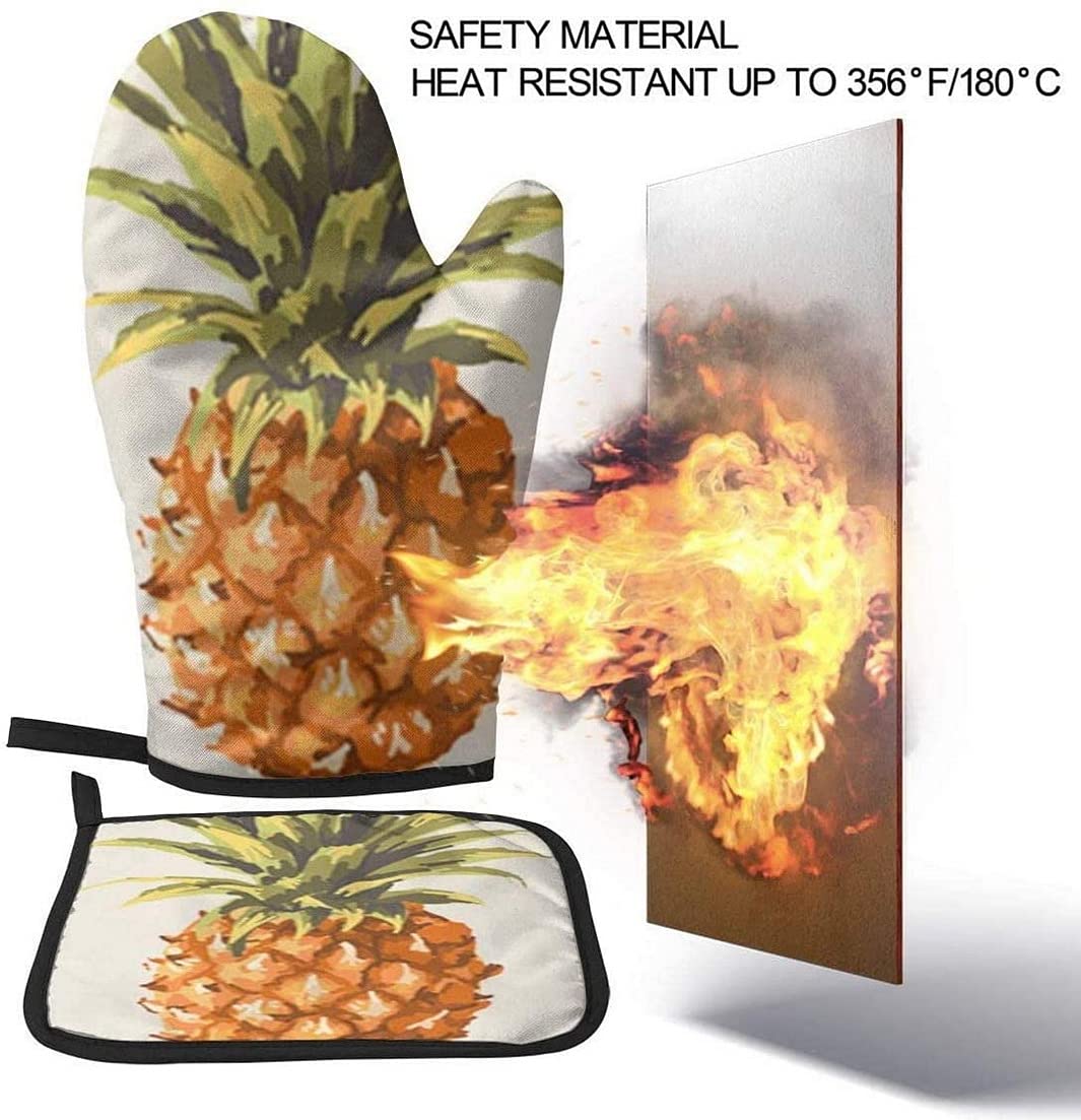 Vintage Pineapple Oven Mitt and Pot Holder Kitchen Set of 2: Heat Resistant Oven Mittens and Hot Pads Potholders for Kitchen