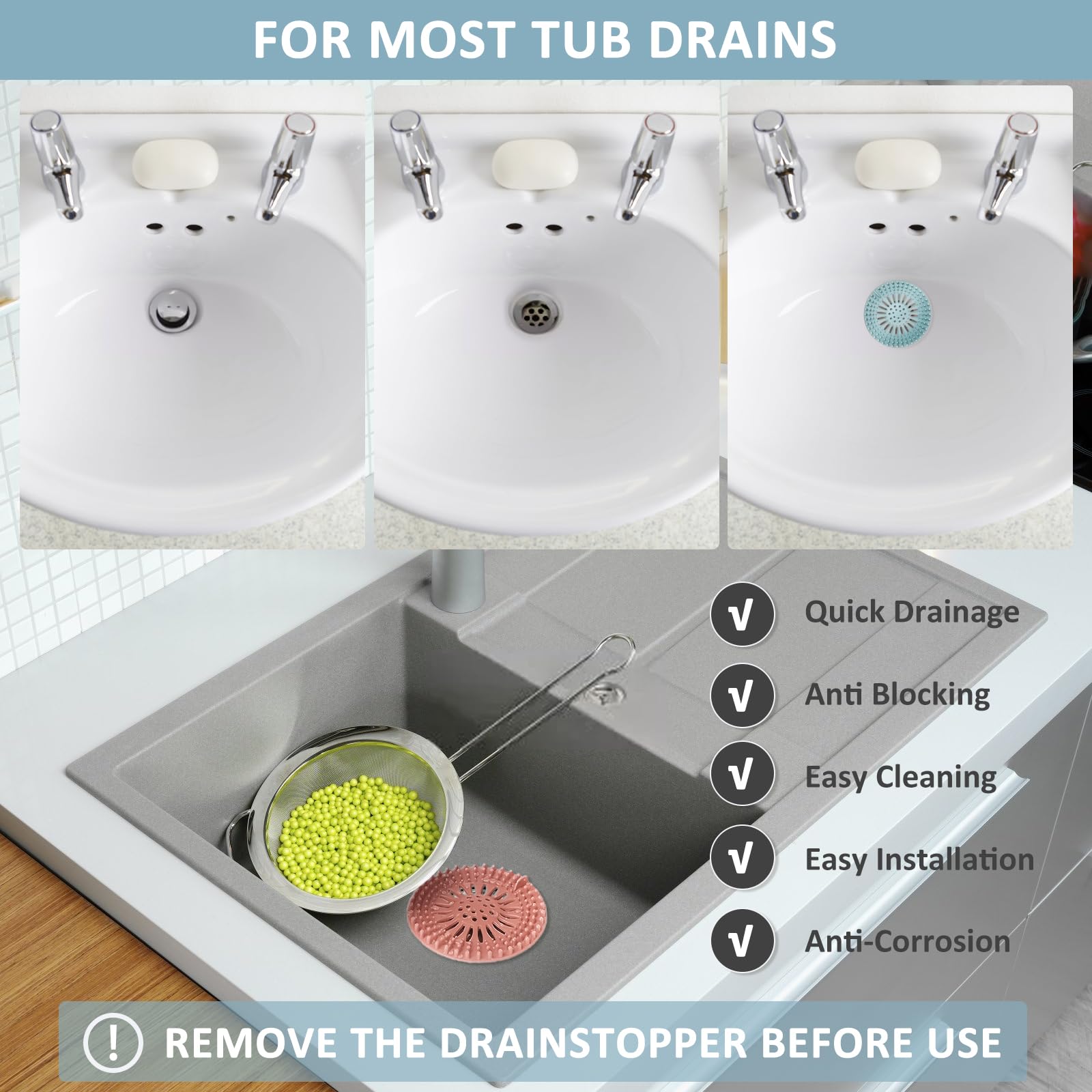 TBLLLY 5PC Shower Drain Hair Catcher Bathroom Accessories Durable Silicone Drain Cover Hair Stopper with Suction Cups for Shower Kitchen Bathroom Small Circle Shape