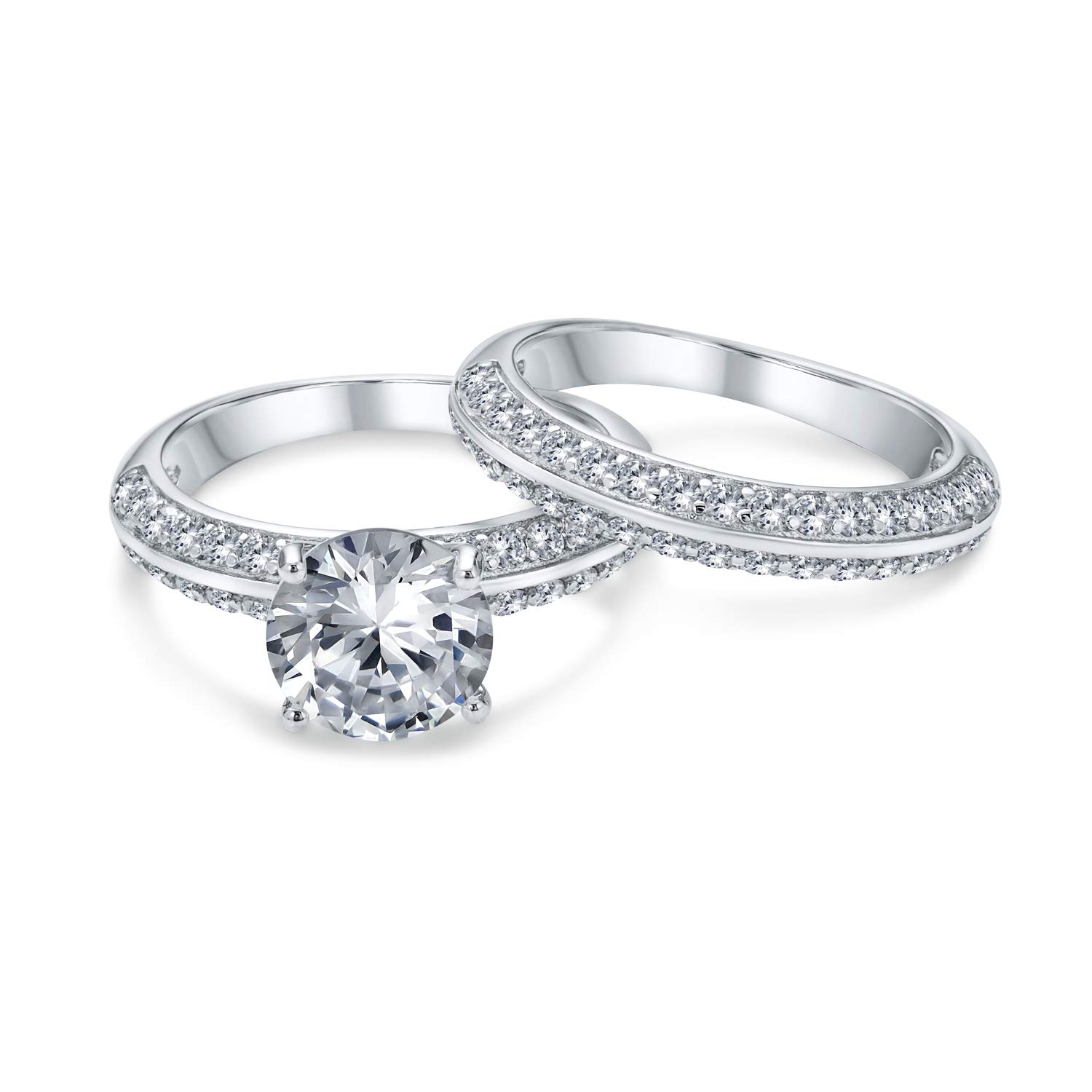 Personalize Traditional 3CT Cubic Zirconia Round Brilliant Cut Round Solitaire Pave Eternity Band AAA CZ Anniversary Wedding Engagement Ring Set Band For Women .925 Sterling Silver