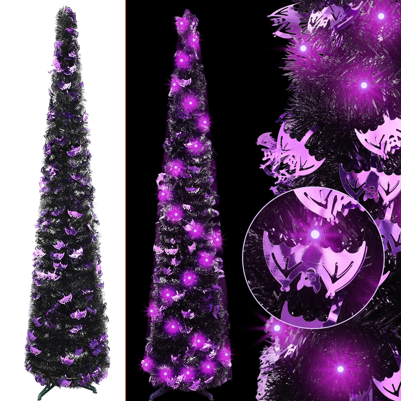 Therwen 5 FT Halloween Tree Halloween Artificial Black Tree with 50 LED String Lights Timer Bat Purple Pencil Collapsible Tinsel for Holiday Party Halloween Festival Home Decoration