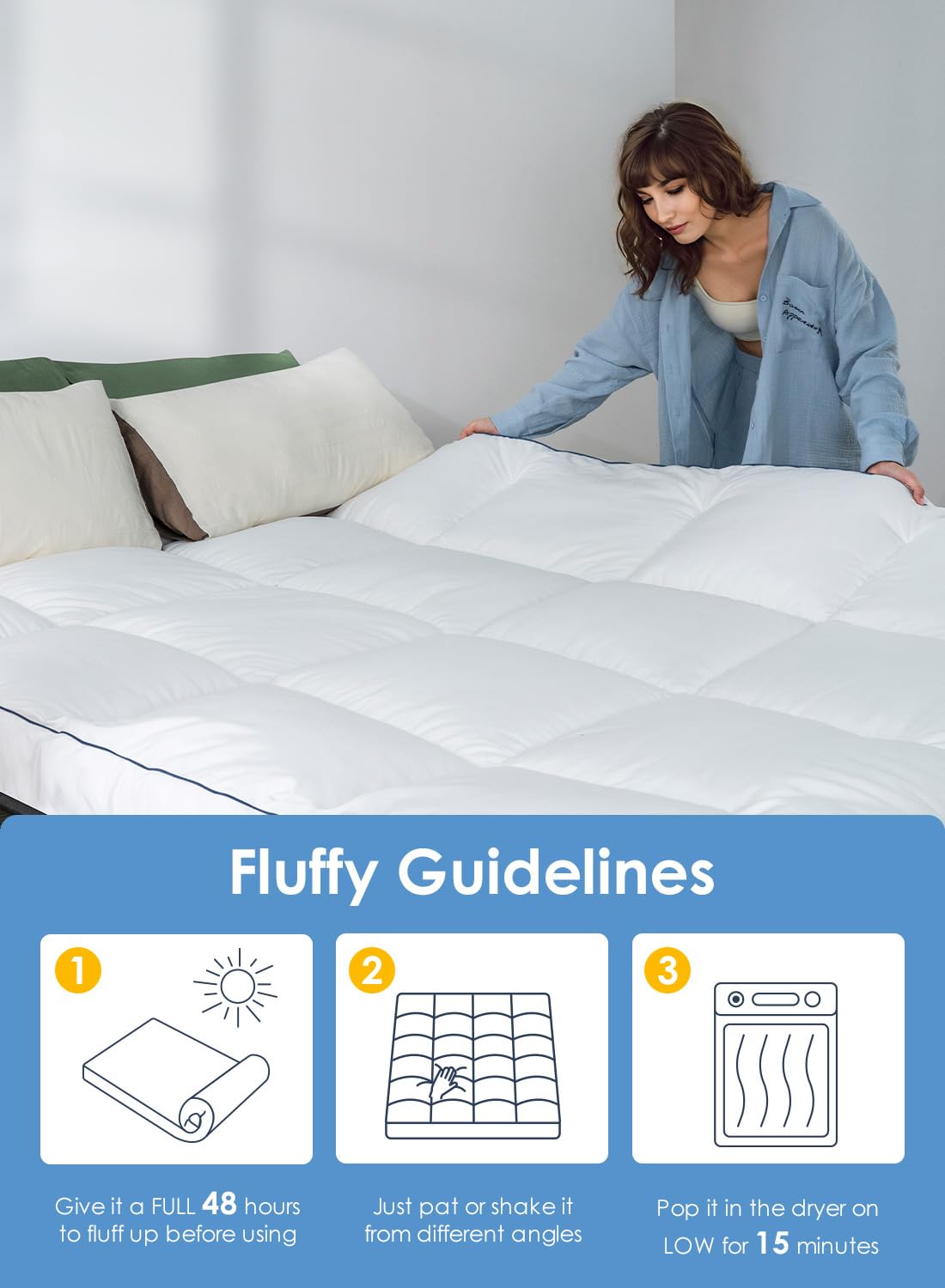 QUEEN ROSE Mattress Topper Full, Cooling Extra Thick Soft Full Size Pillow Top Mattress Pad Cover Bed Snow Down Alternative Mattress Topper, for Back Pain Relief, Plush and Support White