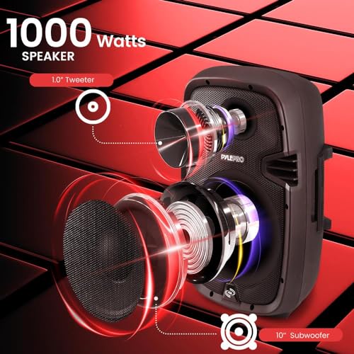 PYLE-PRO 1000W Powered Bluetooth PA System Speakers - Active DJ Speakers with 10 Inch Subwoofer Monitor Speaker and Built-in USB for Audio, Music, Concerts, Band - PPHP1037UB, Black