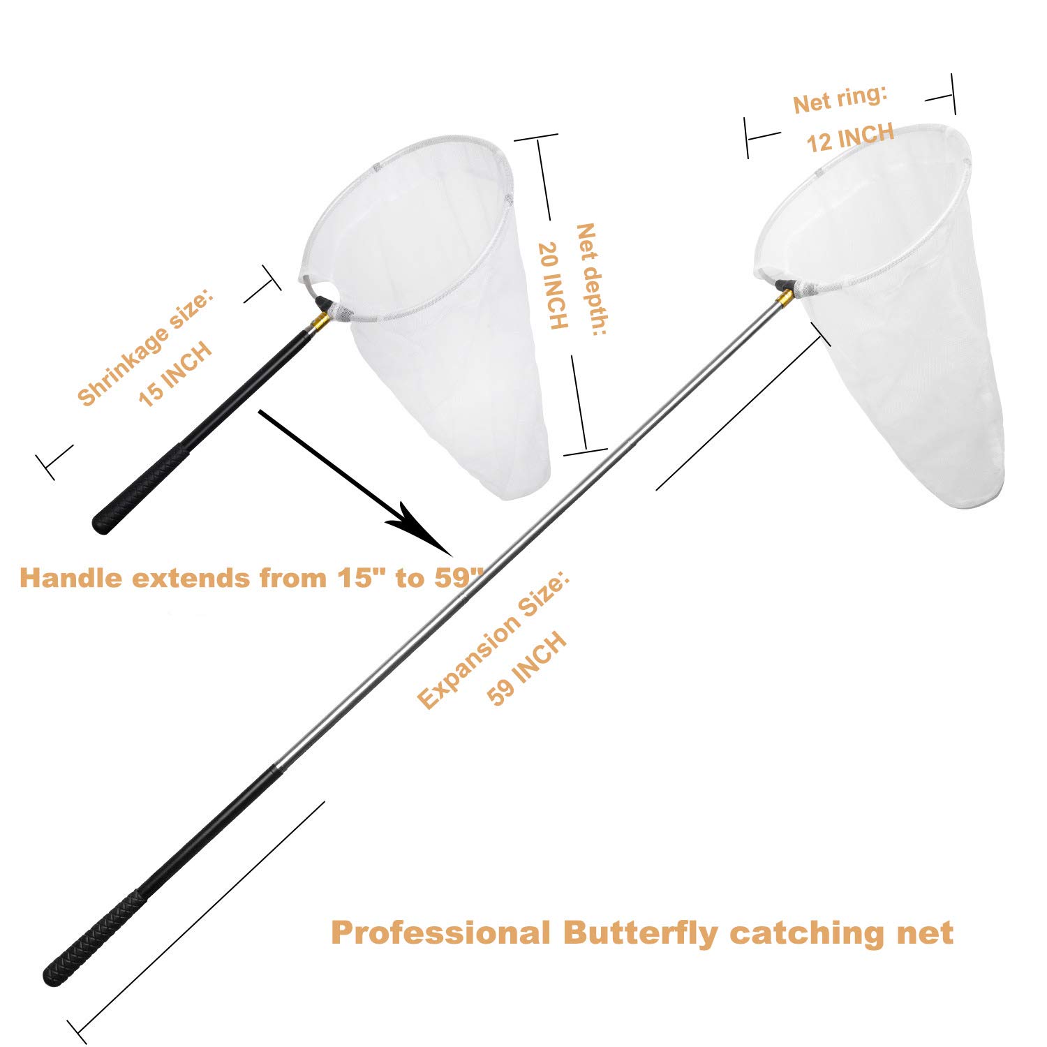 Trasfit Insect and Butterfly Net with 12" Ring, Net Handle Extends to 59 Inches for Adults & Kids