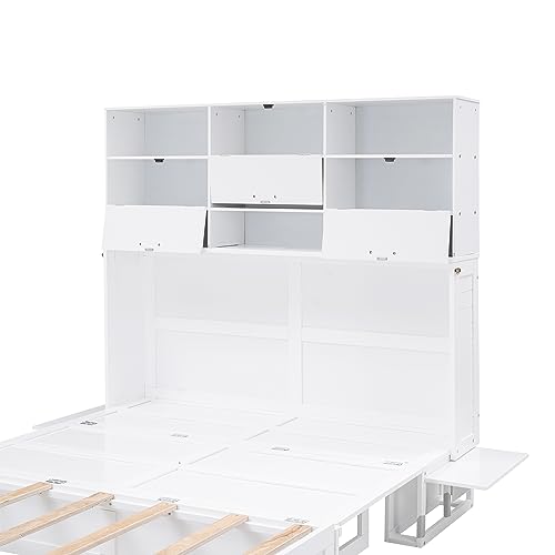 Queen Size Mobile Murphy Bed with a Big Drawer and Both Side Storage Shelves, Modern Foldable Murphy Bed W/ Bookcase for Multipurpose Guest Room or Home Office, No Box Spring Required Easy Assembly