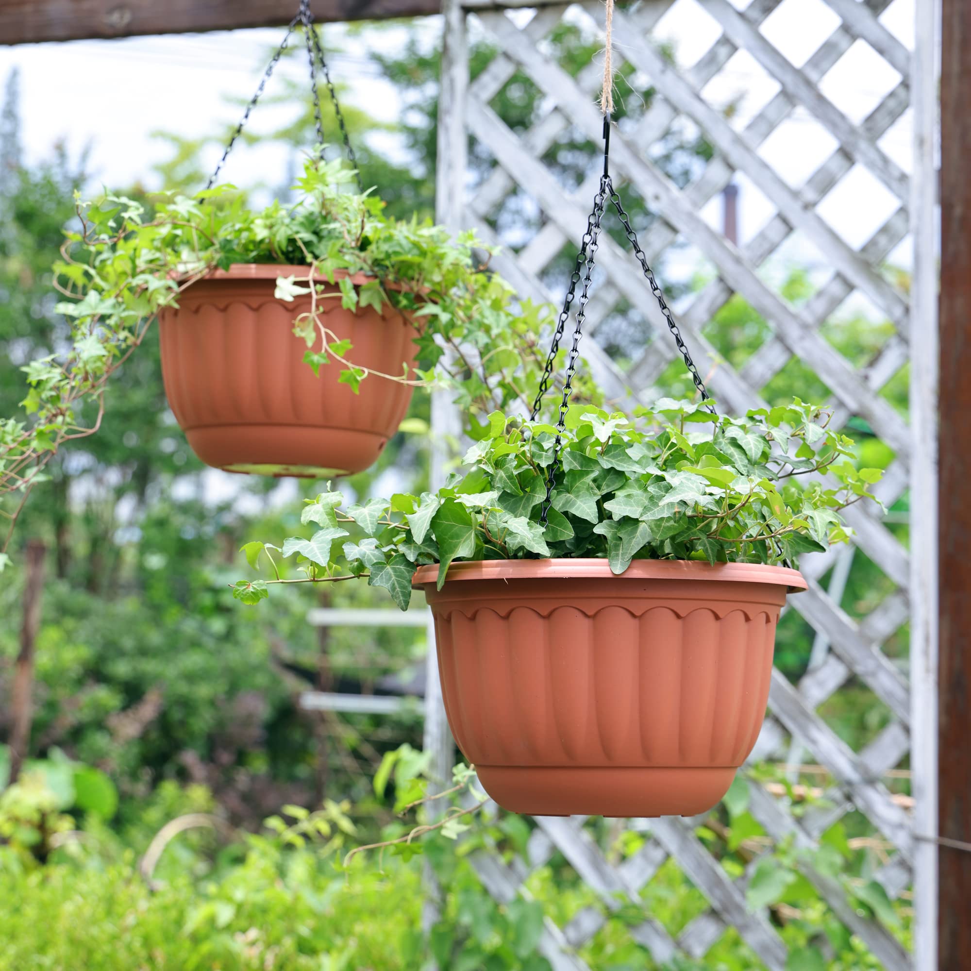 YIKUSH Hanging Planter for Indoor and Outdoor Plants 2 Pack 12inch Flower Pot Plastic Plant Pot with Drainage Hole and Absorbing Tray(Terracotta,with 3 Hooks)