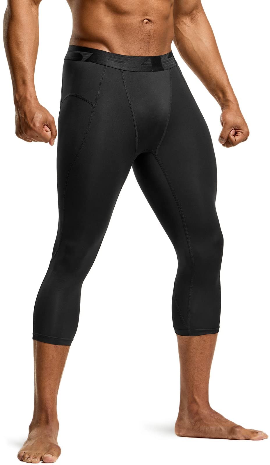 TSLA Men's 3/4 Compression Pants, Running Workout Tights, Cool Dry Capri Athletic Leggings, Yoga Gym Base Layer, Control Capris Black, Large