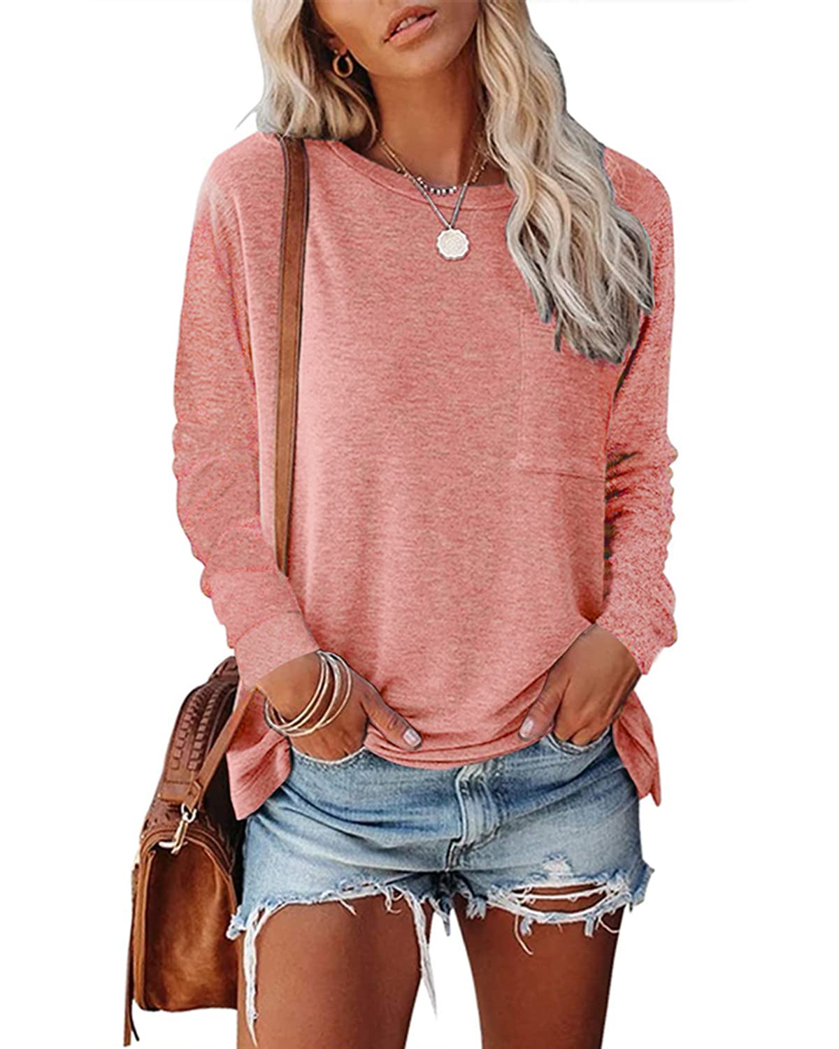 YESNO Women Casual Loose Long Sleeve Shirts Crewneck Solid Tops Pullover Sweatshirts with Pocket TY2 (M TY2 Pink)
