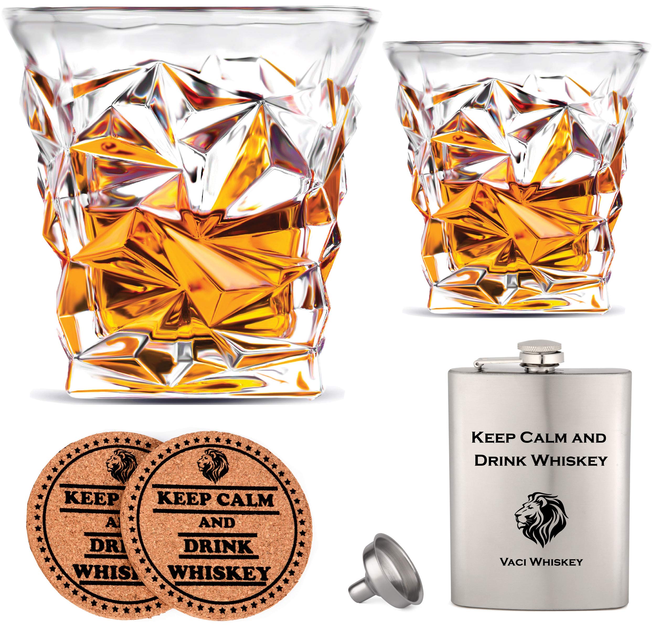 Vaci Crystal Whiskey Glasses ā Set of 2 Bourbon Glasses, Tumblers for Drinking Scotch, Cognac, Irish Whisky, Large 10oz Premium Lead-Free with Stainless Steel Flasks, Cups, Luxury Gift Box