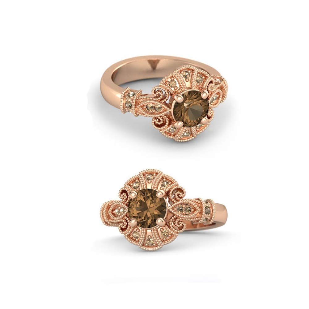 tusakha 14K Rose Gold Plated Smoky Quartz Princess Pocahontas Engagement Ring For Women's