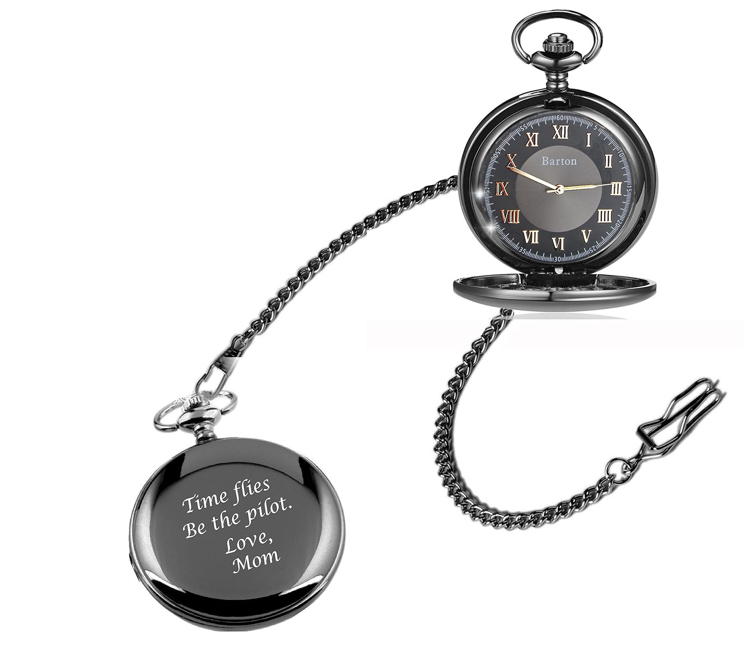 Personalized Gunmetal Pocket Watch with Gold Dial Custom Engraved Free with Gift Box - Ships from USA