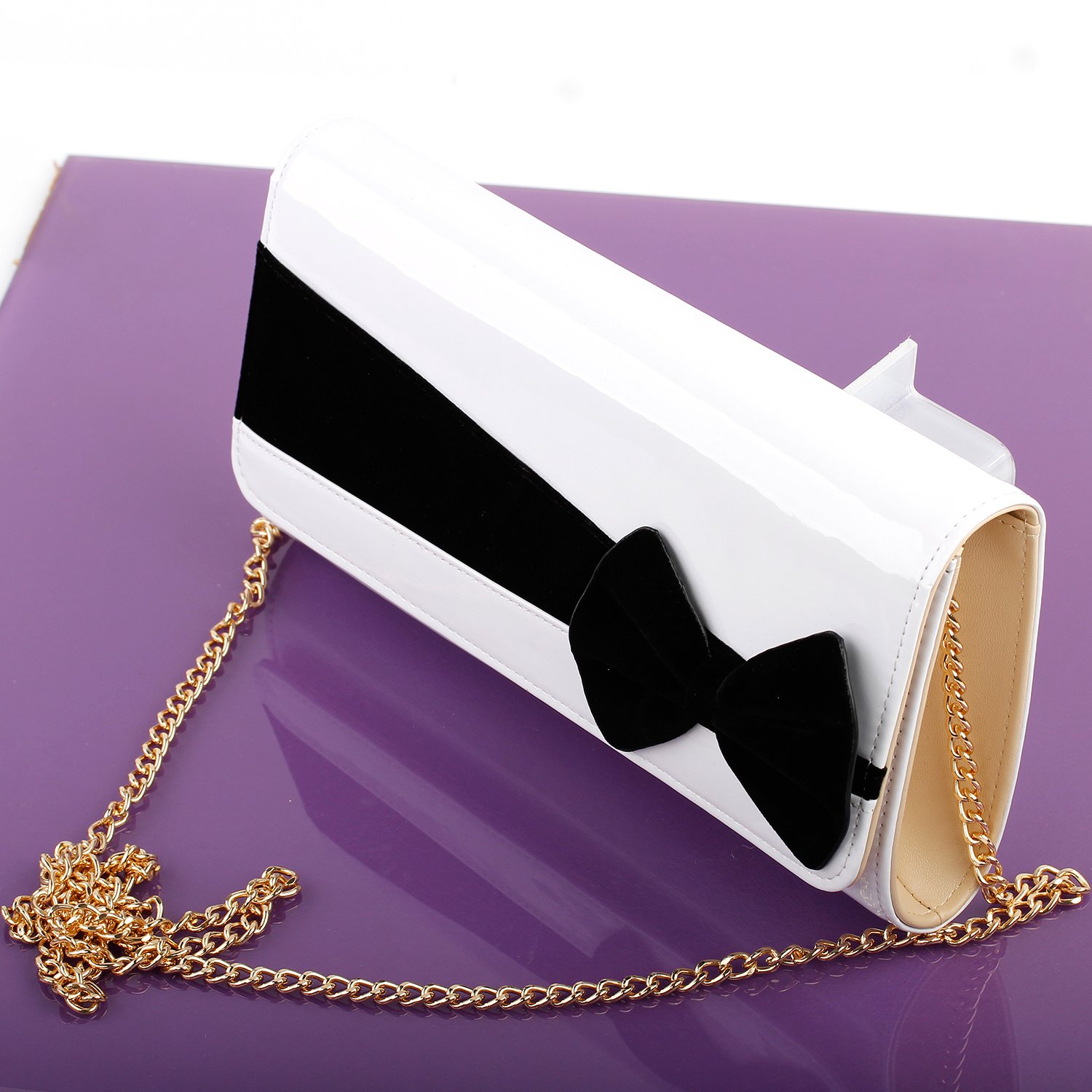 SHOW STORY Dazzling White Red Bow Two Tone Flap Clutch Bag Evening Bag With Detachable Chain,FB90014WT,White