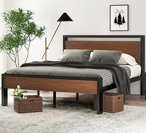 SHA CERLIN 14 Inch Queen Size Metal Platform Bed Frame with Wooden Headboard and Footboard, Mattress Foundation, No Box Spring Needed, Large Under Bed Storage, Light Walnut