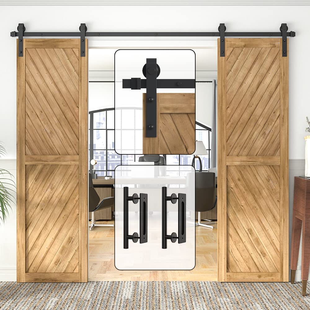 WINSOON 14FT Sliding Barn Wood Door Hardware Cabinet Closet Kit with 2PCS 12 Inch Sliding Barn Door Handles Black Hardware with Pull and Flush Barn Door Handle Set