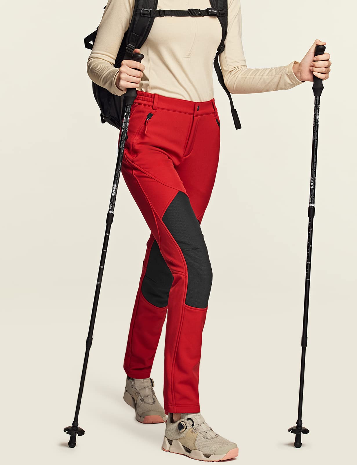 TSLA Women's Softshell Winter Snow Ski Pants, Fleece Lined Waterproof Hiking Pants, Insulated Work Outdoor Pants, 2-layer Reinforced Knee Red, Small