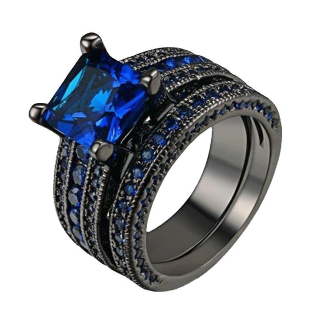 Women's Jewelry Black Gold Plated Princess Cut Blue CZ 2 Piece Wedding Engagement Rings Promise Bridal Set (US Code 5-12) (9)
