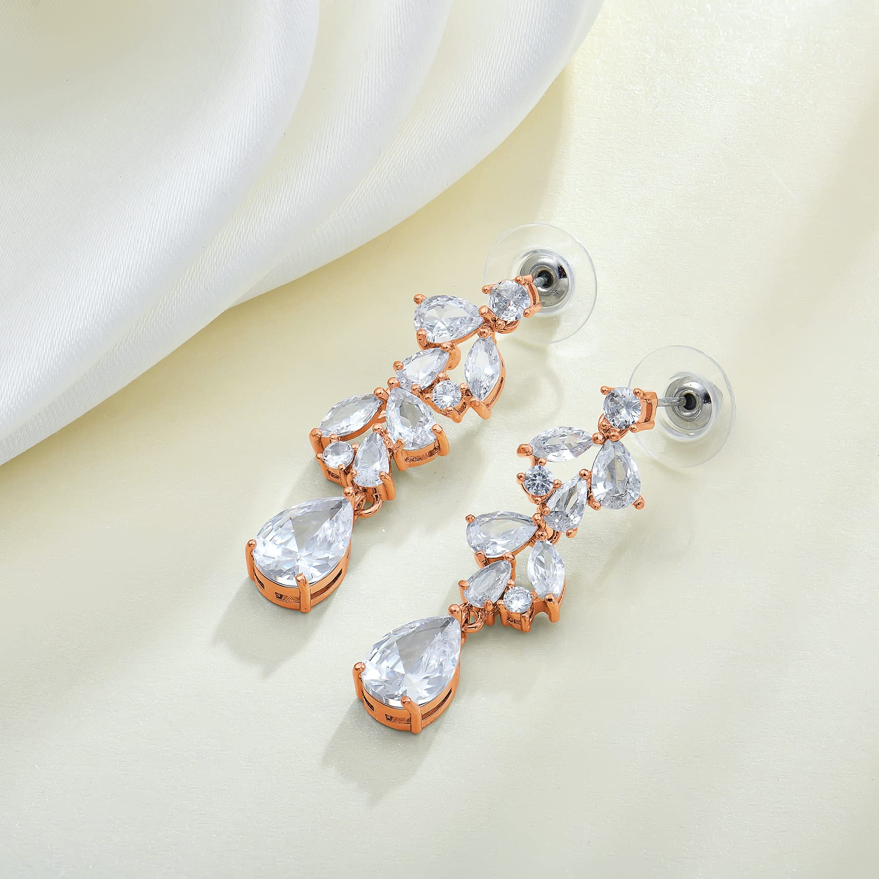 Vankay Women's Wedding Earrings Cubic Zirconia Teardrop Dangle Earrings for Brides Bridesmaids Prom Gifts-Rose Gold