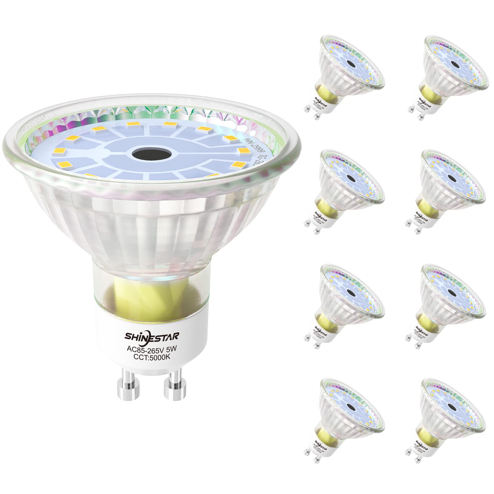 SHINESTAR 8-Pack GU10 LED Bulbs, 5000K Daylight, 50W Equivalent, MR16 Light Bulb with 2 Prongs, Non-dimmable