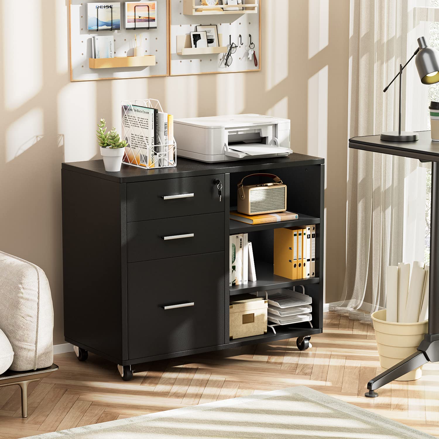 Shahoo 3 Drawer Wood Filing Cabinet, Mobile Lateral Printer Adjustable Open Storage Shelf, Lockable Wheels for Home Office, 15.7"D x 31.8"W x 26.3"H, Dark Black