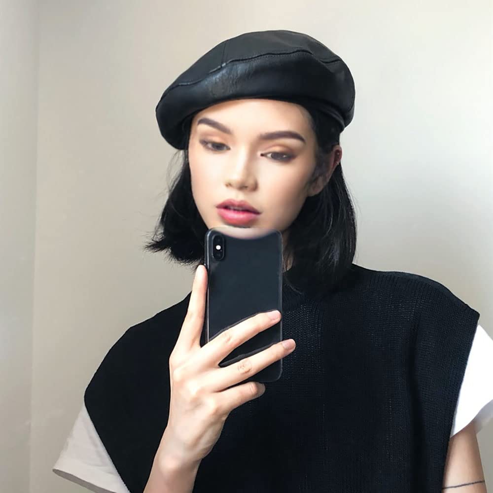 YRPNDP PU Leather Beret, French Lady Beret, Fashion Warm Hat Black