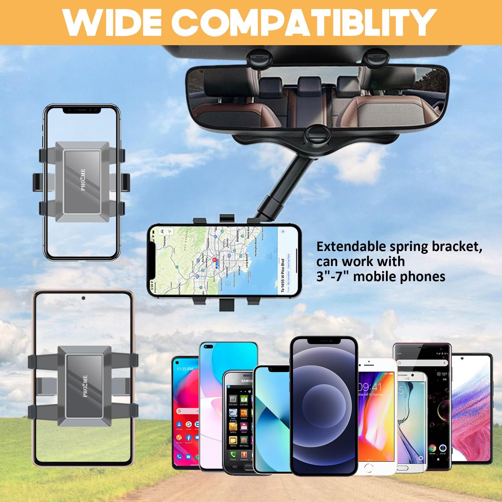 TEAMSY 2023 Upgraded Rearview Mirror Phone Holder for Car, Rotatable and Retractable, 360 Rotation Design, Compatible with 3-7 Inch Smartphones