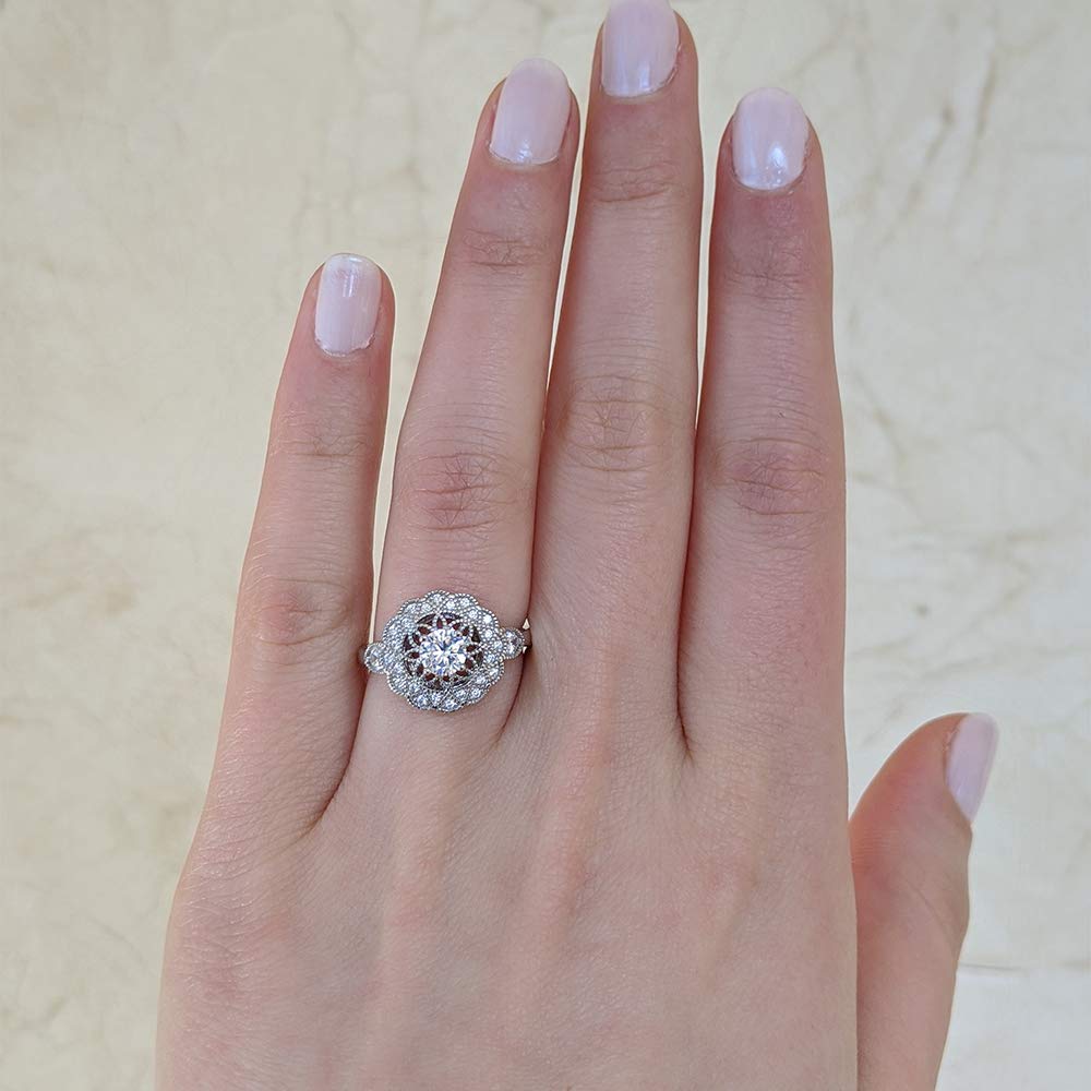 TwoBirch 18k White Gold Microplated Art Deco Floral Design Duo Bridal Ring Set Engagement Ring and Wedding Band with Cubic Zirconia (SET (2 RINGS), Size 7)