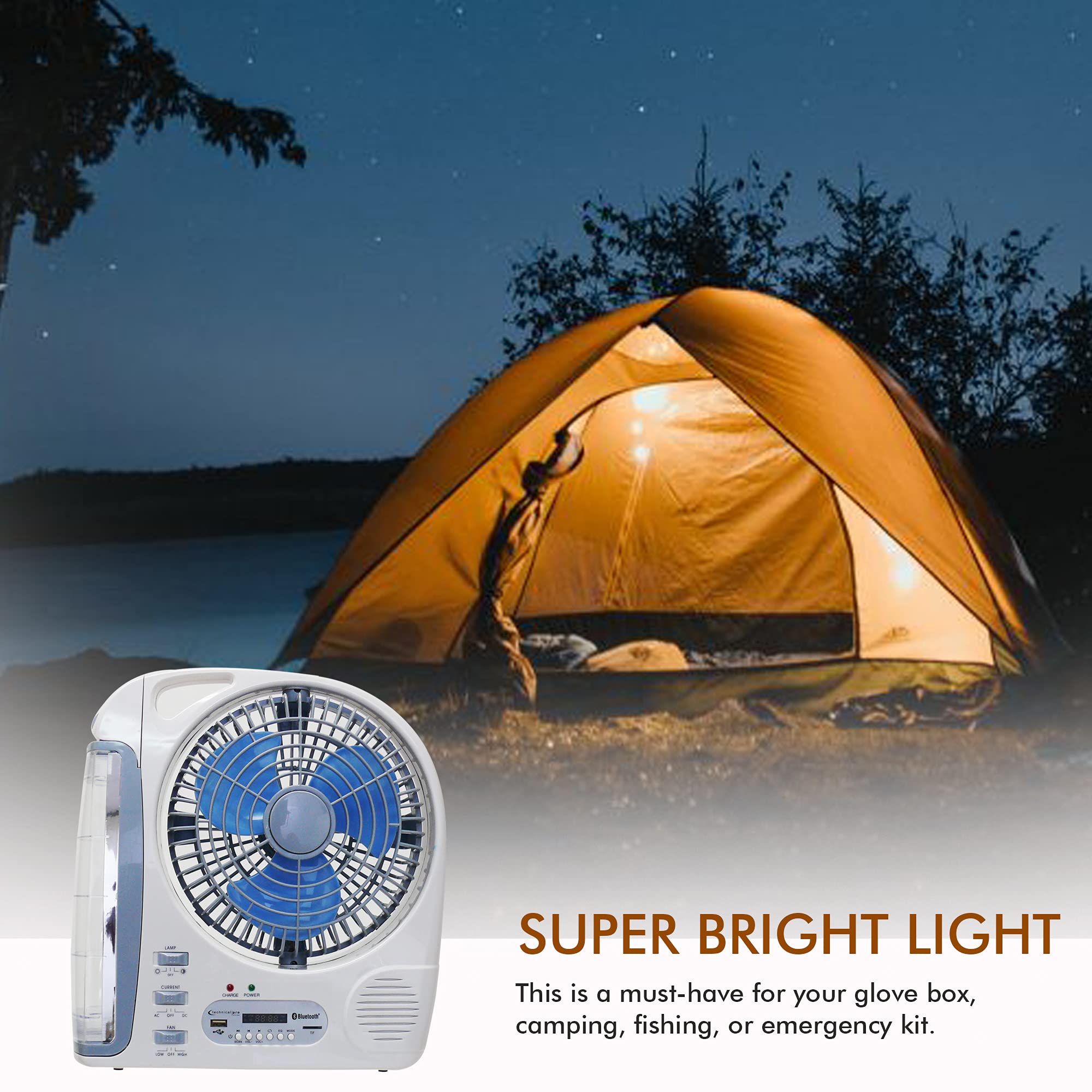 Technical Pro 3-in-1 Portable Rechargeable 8" Camping Fan Bundle with Radio Speaker and LED Work Lamp, USB SD ports, 2 Rechargeable Folding Fans Included