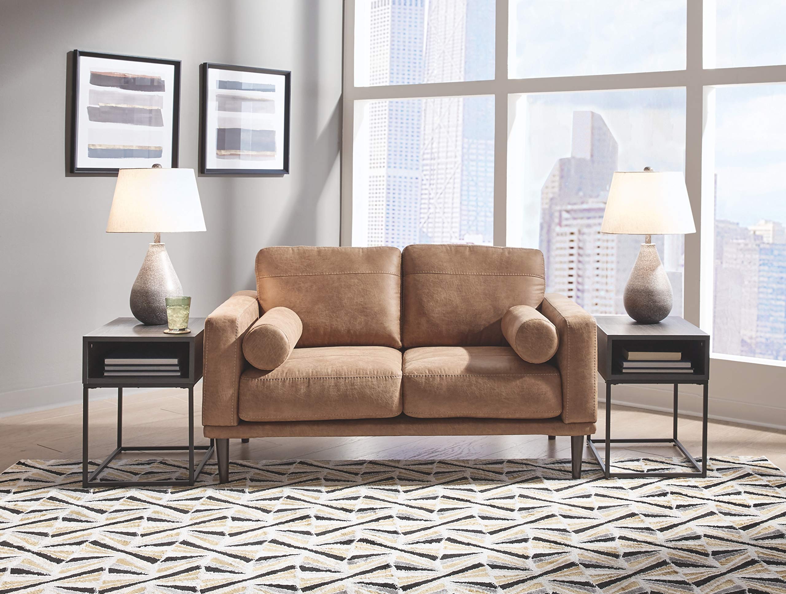 Signature Design by Ashley Arroyo Mid Century Modern Faux Leather Loveseat, Caramel Brown