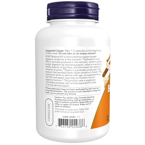 NOW Supplements, Betaine HCl 648 mg, Vegetarian Formula, Digestive Support*, 120 Veg Capsules