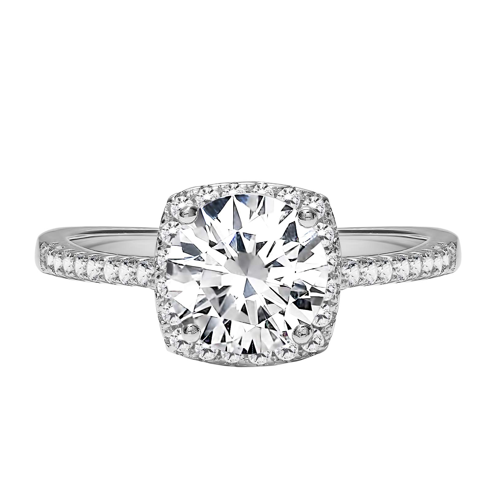 TwoBirch Classic Round Halo Solitaire Engagement Ring with 18k White Gold Plated Sterling Silver and Cubic Zirconia (Size 10)