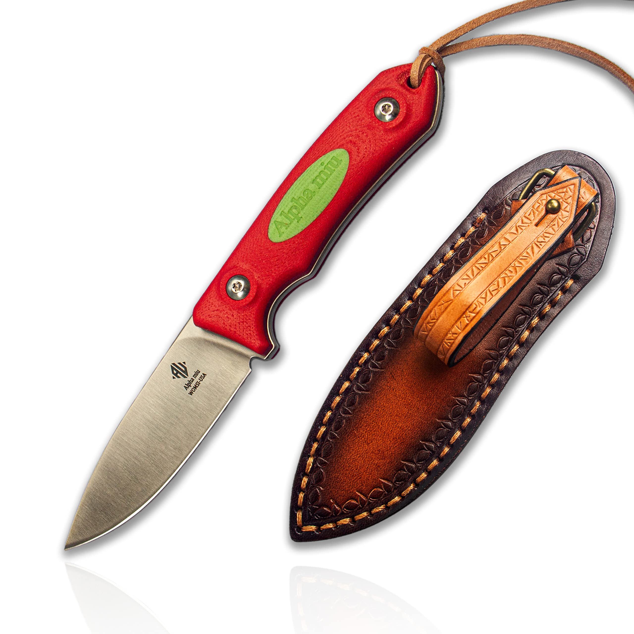 WOMSI Hunting Knife,Full Tang 6.57",DPS15-S Power Steel Blade,Sonorous&durable G10 Handle with Leather Sheath(Red)