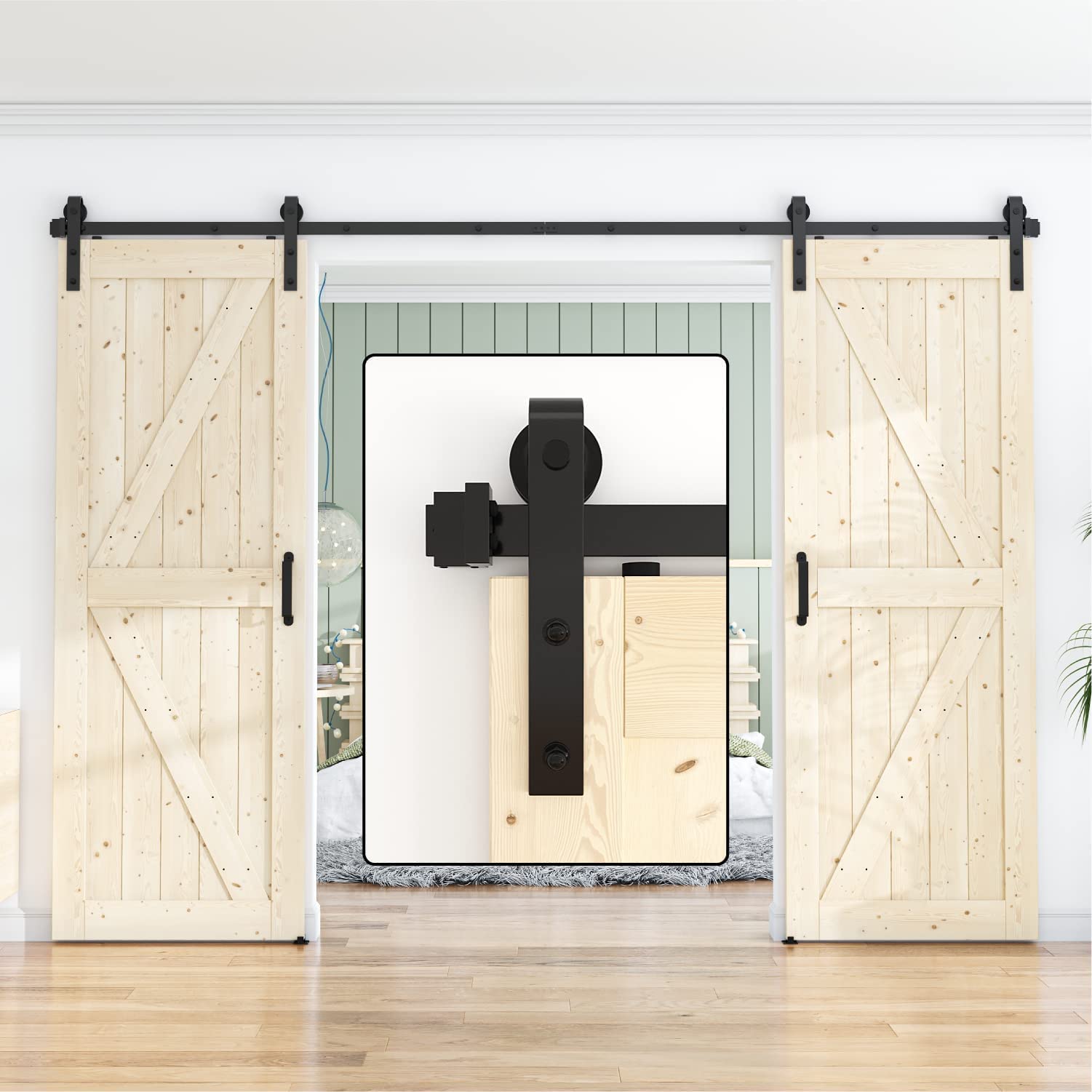 WINSOON 8FT Sliding Barn Wood Door Hardware Cabinet Closet Kit with Black Sliding Barn Door Floor Guide Wall Mounted Hardware, Set of 2, 8 Setup Options