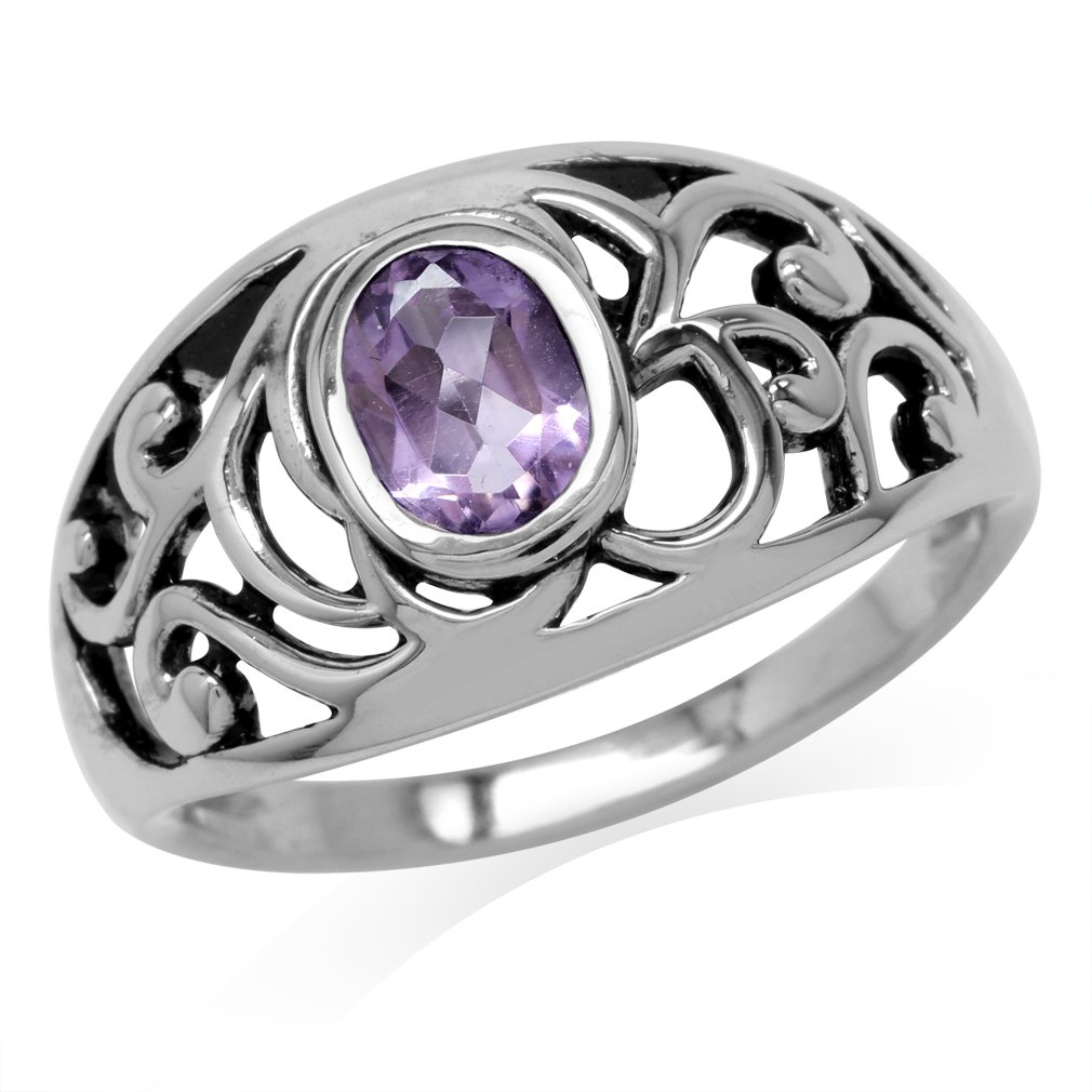 Silvershake Natural Oval Shape Amethyst 925 Sterling Silver Filigree Swirl and Spiral Ring Size 7