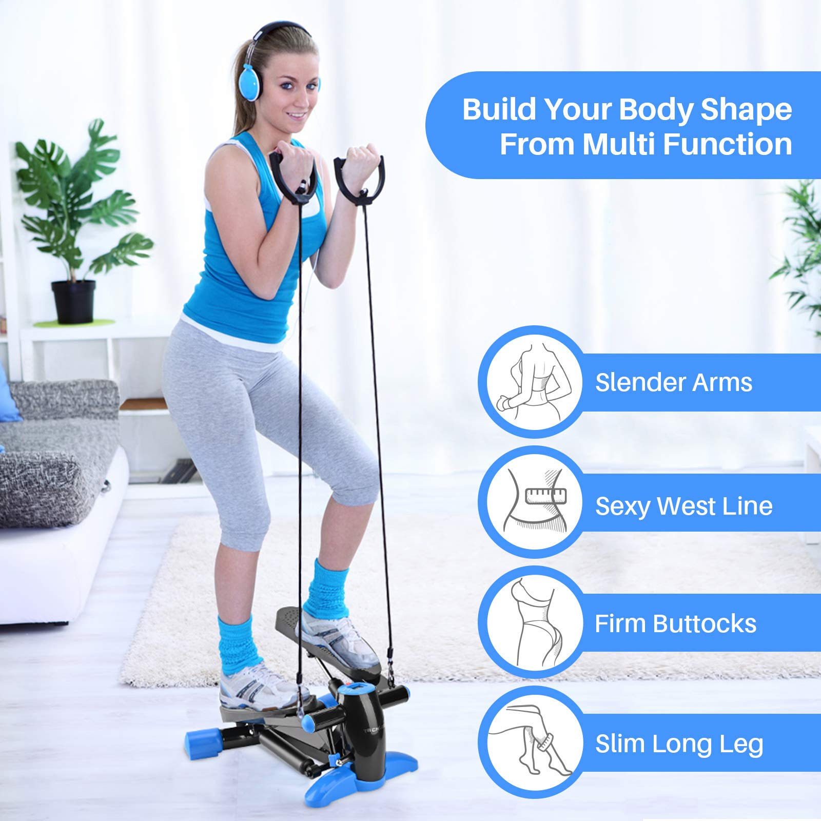 TECHMOO Stair Stepper for Exercise, Mini Stepper Trainer with Adjustable Stepping Machine with Resistance Bands LCD Display Air Climber Cardio Workout Fitness Professional Exercise Equipment