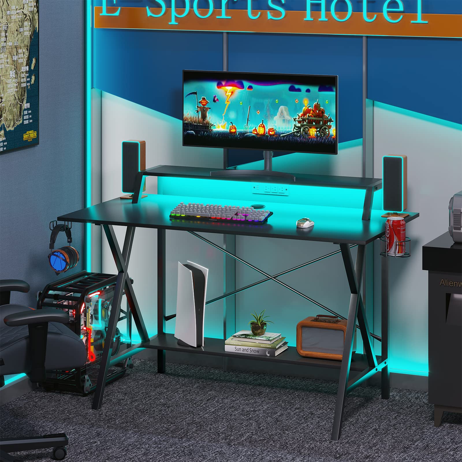 SEDETA Gaming Desk, 47" Gaming Table, E-Sports Computer Desk, Gaming Workstation Desk, PC Stand Shelf Power Strip with USB Cup Holder & Headphone Hook Home Office Desk Gamer Desk Writing Table, Black