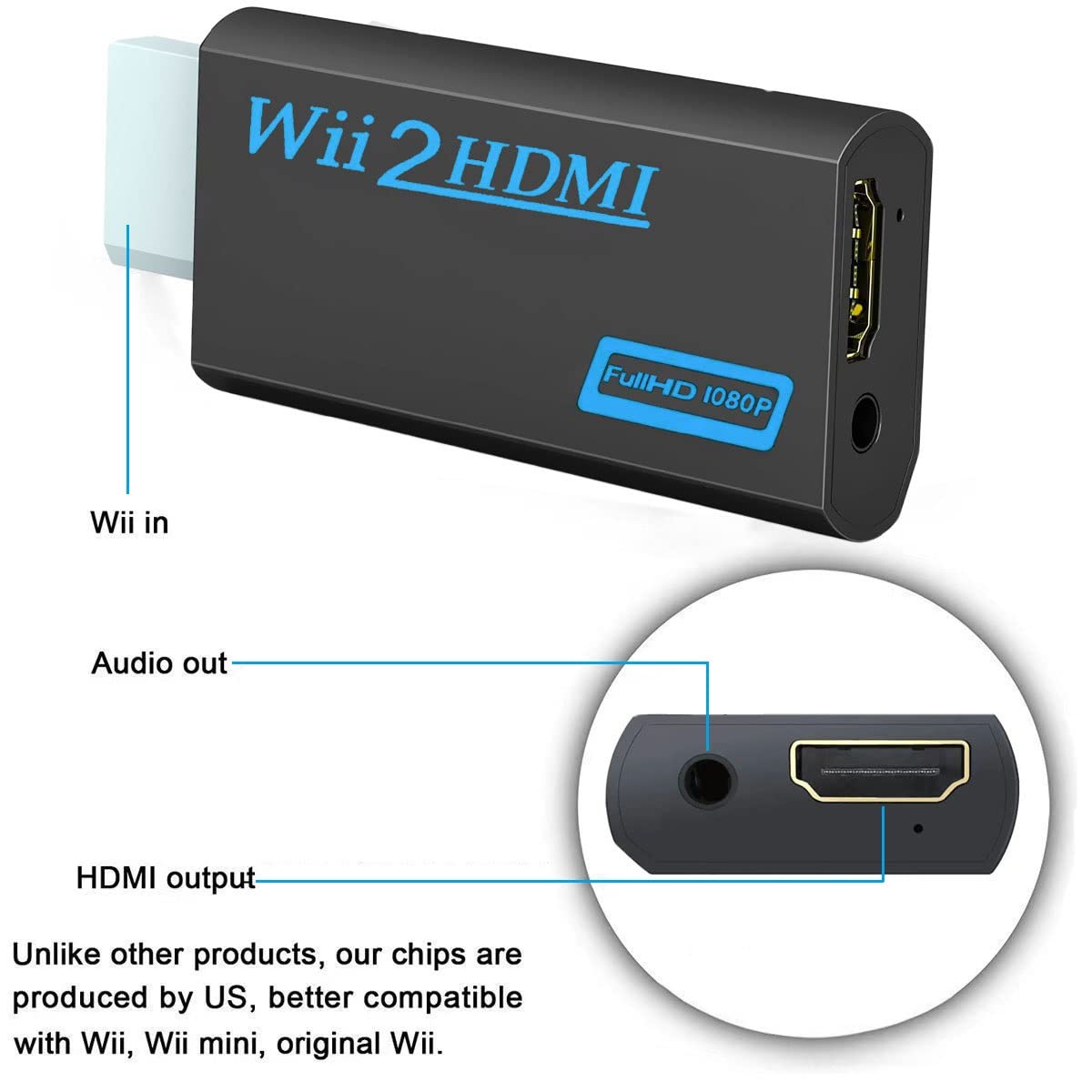 sartyee Wii Hdmi Converter Adapter, Wii 2 to Hdmi 1080P Connector Output Video 3.5mm Audio - Supports All Wii Display Modes, Black