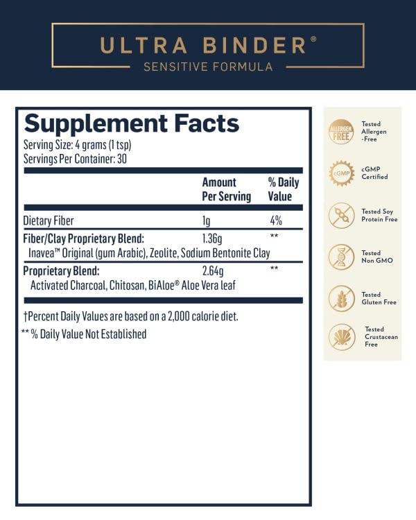 Quicksilver Scientific Ultra Binder Sensitive Formula - Gut Health Supplement with Activated Charcoal, Bentonite Clay - Cleansing Support Powder (120g)