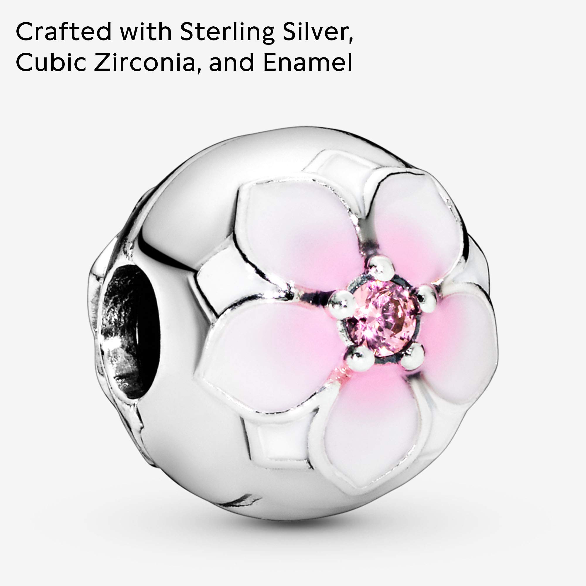 Pandora Jewelry Round Pink Magnolia Flower Cubic Zirconia Charm in Sterling Silver
