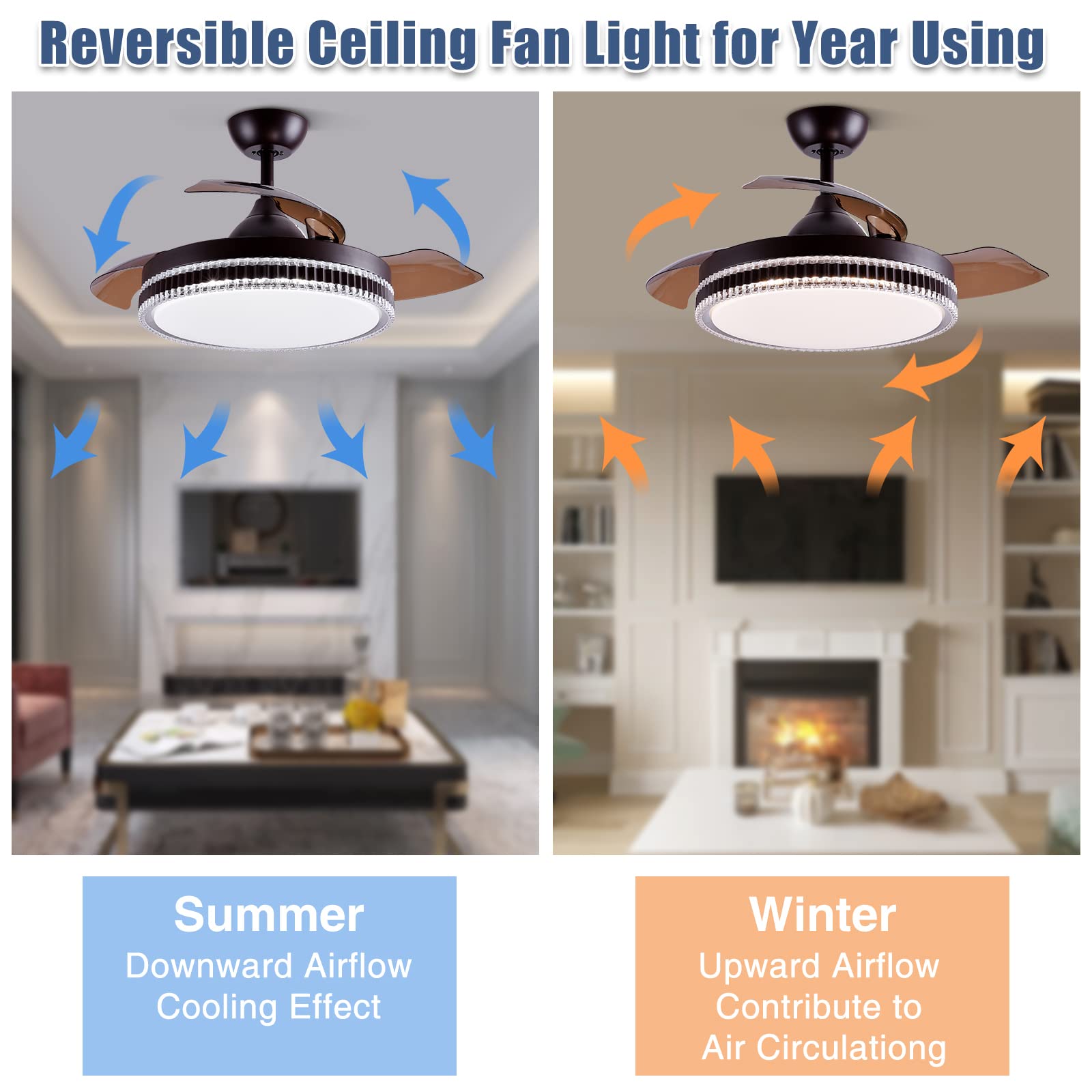 TAOBITAN 42inches Retractable Blade Ceiling Fan with Light and Remote Control with Retractable BladesBlack Ceiling fan with Reversible Motor, 6 Speeds, 3 Light Color, 4 Timing for Living Room Bedroom